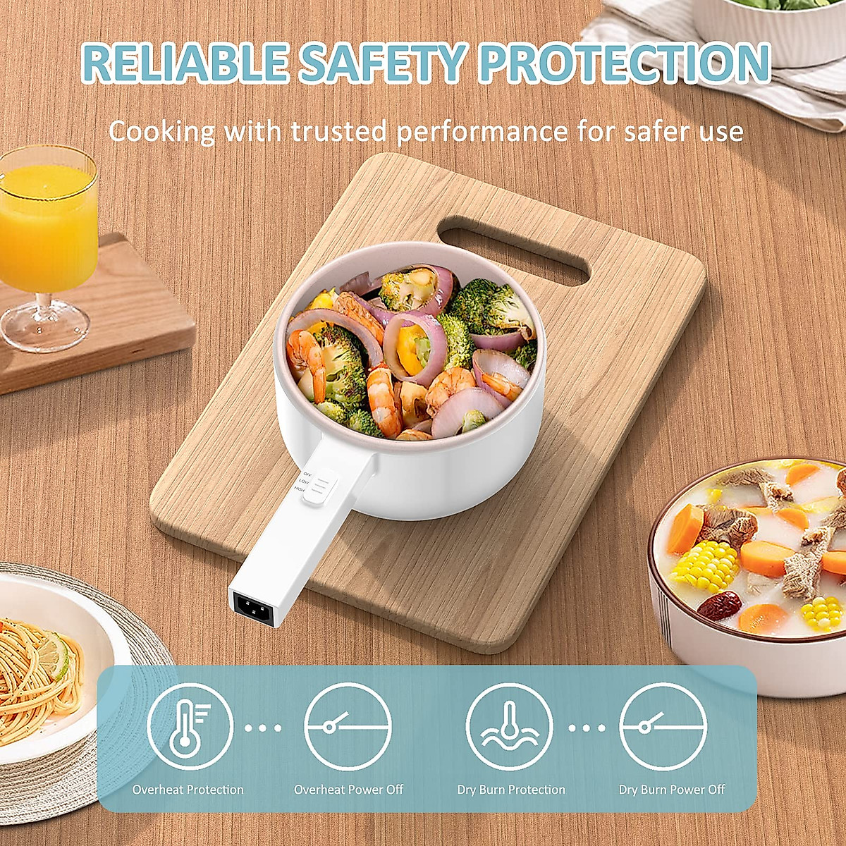 Hoyatoka Electric Hot Pot, 1.5L Portable Non-Stick Electric Cooker with Steamer, Multifunction Electric Pot for Stir Fry, Roast, Egg, Ramen Cooker with Dual Power Control for Dorm and Office, White