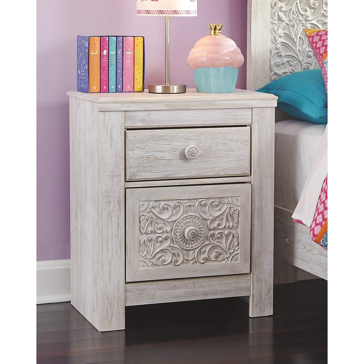 Signature Design by Ashley Paxberry Boho 2 Drawer Nightstand with 2 Slim-Profile USB Charging Ports, 29.21" Tall, Whitewash