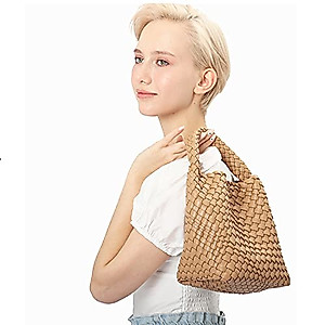 JINMANXUE 2 Pcs Handmade Woven Handbags For Women Shoulder Bag Female Fashion Beach Crossbody Purses Ladies Bucket Bag (Milk tea)