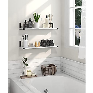 Godimerhea White Floating Shelves for Wall, Long Wall Mounted Set of 2, Modern Neutral Wooden Storage Decorative Hanging Shelf with Black Metal Brackets for Bathroom Living Room, Kitchen, 24 Inch