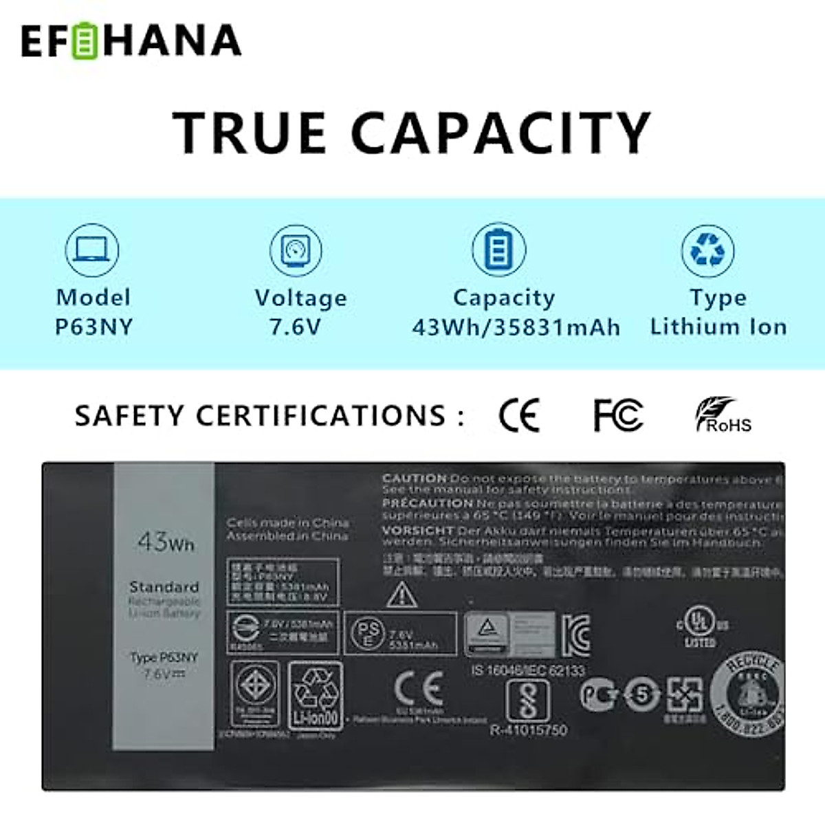 EFOHANA P63NY Laptop Battery Replacement for Dell Latitude 13 7370 E7370 Series Notebook N3KPR XCNR3 0XCNR3 WY7CG G7X14 0G7X14 7.6V 43Wh 5831mAh 6-Cell