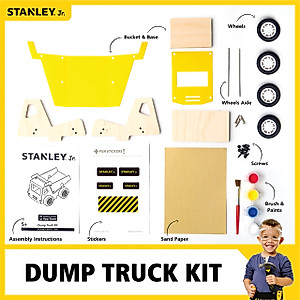 Stanley Jr. DIY Dump Truck Kit for Kids - Easy to Assemble Model Truck Kit - Yellow Dump Truck Model Set - Wood Dump Truck Craft - Paint & Decals Included