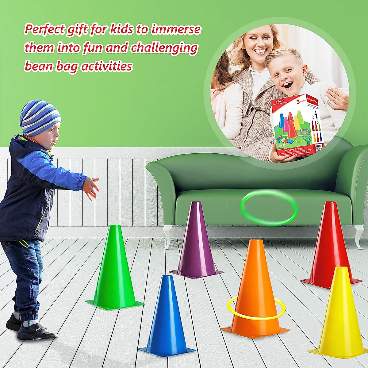 NONZERS Carnival Games Set, 4 in 1 Bean Bags Ring Toss Game with 12 Bean Bags, 12 Ring Toss, 6 Plastic Cones and One Toss Banner for Kids Birthday Carnival Party Outdoor Indoor Games Supplies