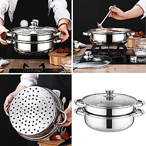 Stainless Steel Stack and Steam Pot Set - and Lid,Steamer Saucepot double boiler-2 Tier Steamer Pot Steaming Cookware -Steamer Pot Glass Lid Food Veg Cooker Pot Cooking Pan For Kitcken Cooking Tool