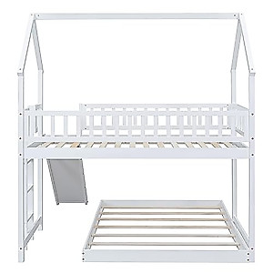 Twin Over Full Size House Bunk Bed, Wood Bunk Bed Frame with Slide, Built-in Ladder and Fence Guardrails, Playhouse Bed Slide Bed for Kids Adults, Bedroom Furniture Bunk Bed House Bed (White Bed)