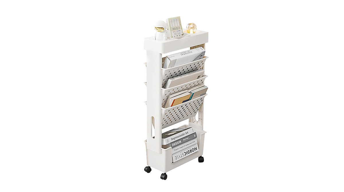 5 Tier Rolling Bookshelf - Slim Mobile Book Rack