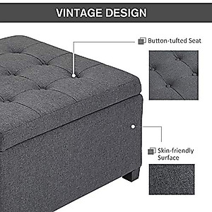 HOMCOM Fabric Tufted Storage Ottoman with Flip Top Seat Lid, Metal Hinge and Stable Eucalyptus Wood Frame for Living Room, Entryway, or Bedroom, Gray