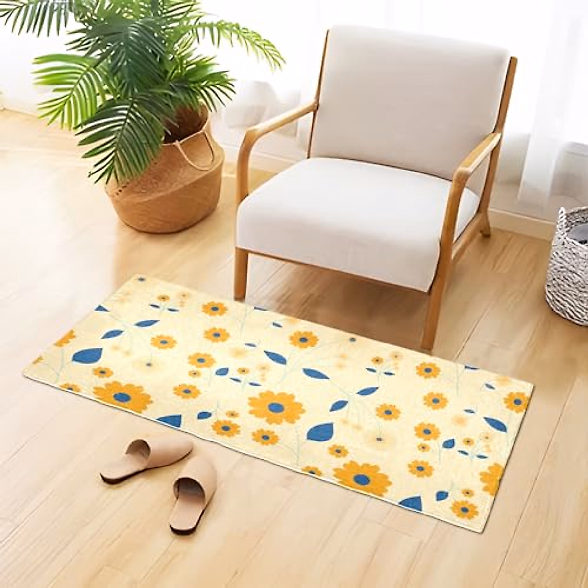 Fluffy Floor Carpet-Yellow Flower Blue Leaves,39x20in Front Door Mat Indoor Machine Washable Carpet,Aesthetic Rug