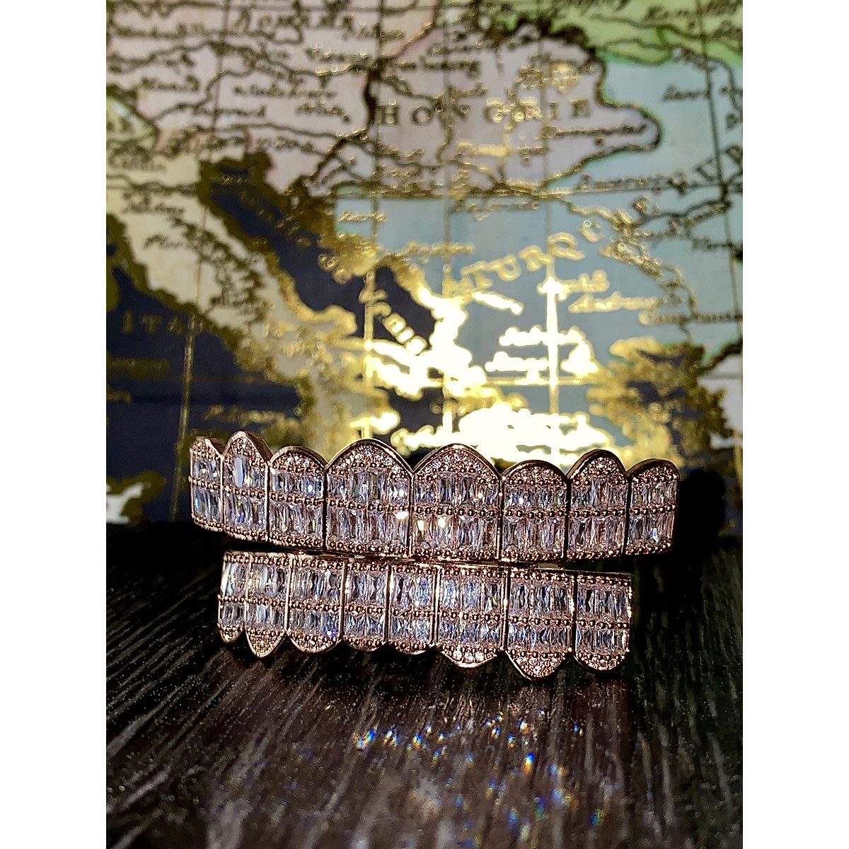 14k Rose Gold Baguette Joker Pink Grillz for Mouth Top Bottom Hip Hop Teeth Grills for Teeth Mouth Grillz for Mouth Top Bottom Hip Hop 8 Teeth Prong Set Cz Diamonds Grills for Tooth