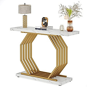 Tribesigns Gold Console Table, Faux Marble Entryway Table Narrow Sofa Table with Geometric Metal Base, 40 Inch Modern Accent Table Entrance Table for Living Room, Hallway, Foyer, White and Gold
