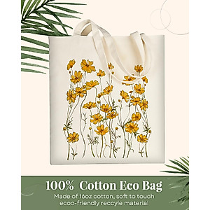 AUSVKAI Canvas Tote Bag Aesthetic for Women, Cute Yellow Flower Reusable Cloth Cotton Bags for Shopping School Beach Trendy Gifts