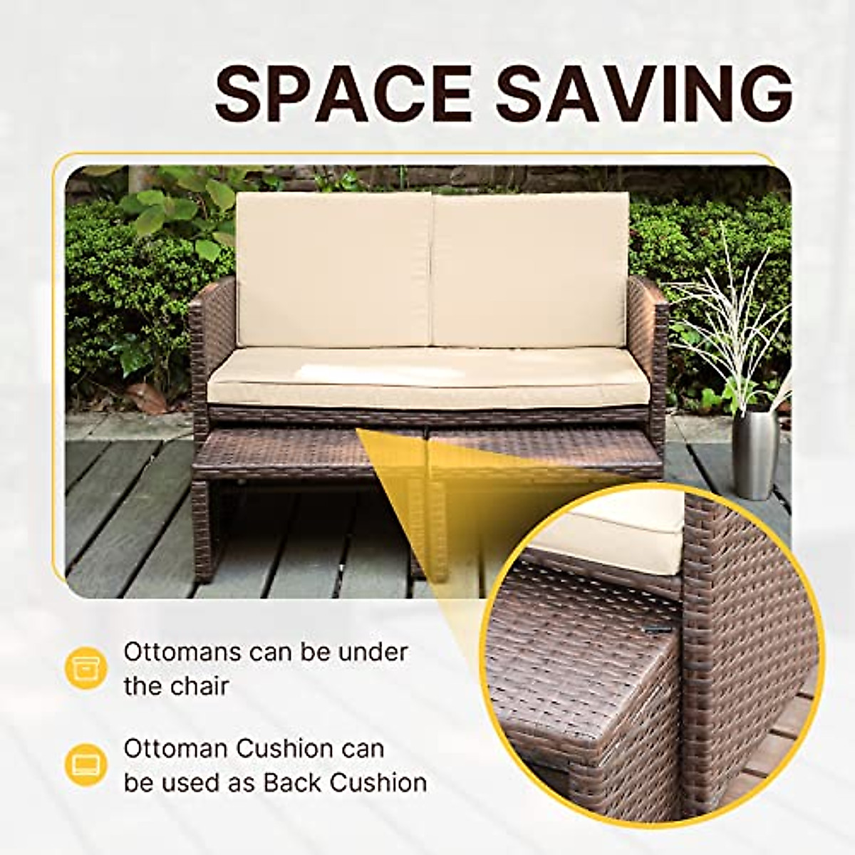 OC Orange-Casual Outdoor Loveseat 3 Piece Patio Furniture Set Outdoor Conversation Set All-Weather Wicker Love Seat with Ottoman/Side Table, Brown Rattan, Beige Cushion