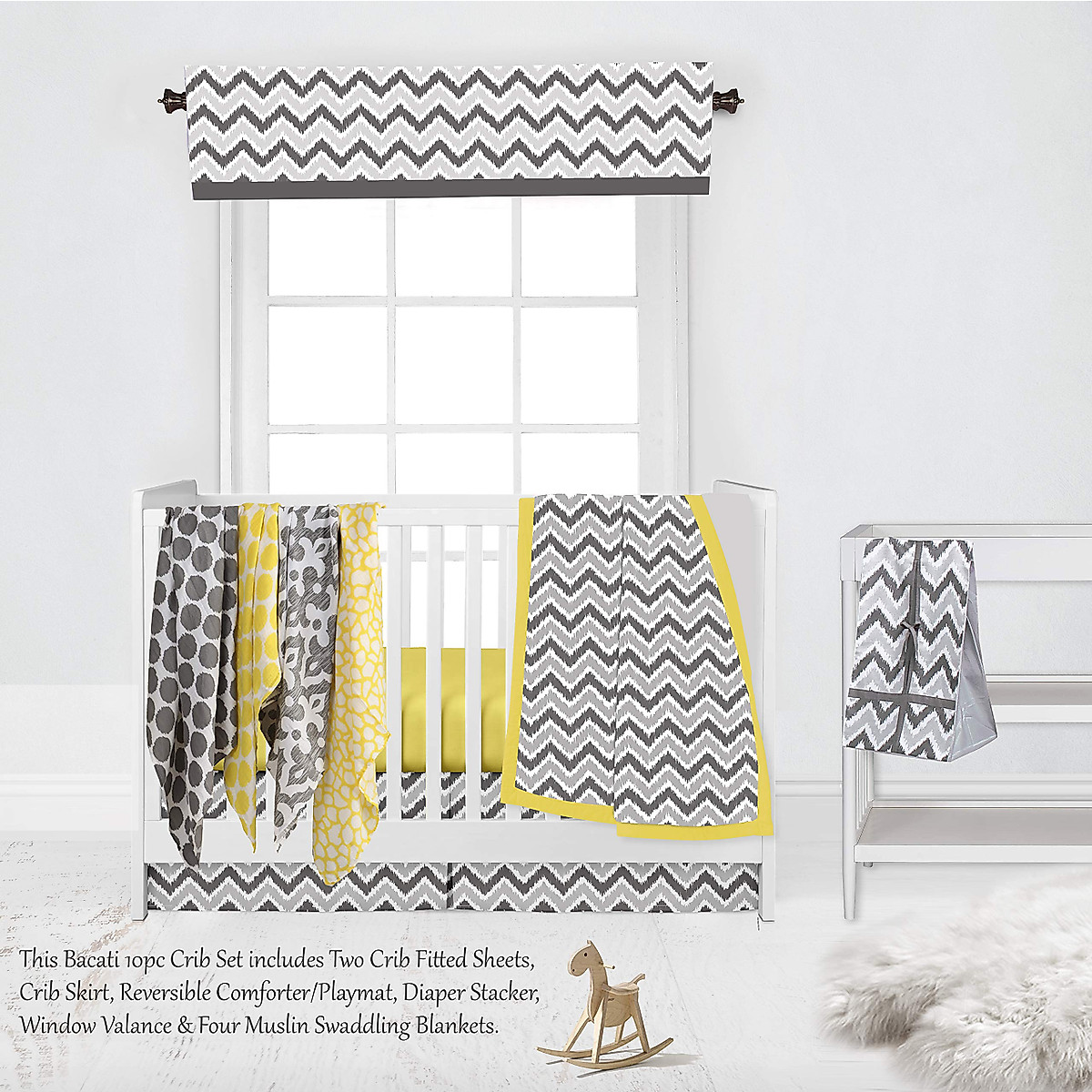 Bacati - Yellow/Grey Ikat Chevron Muslin 10 Pc Neutral Crib Set with 4 Muslin Swaddling Blankets for US Standard Crib