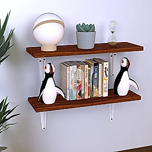 JAWU Set of 2 Pine Wood Floating Shelves - Decorative Hanging Farmhouse Rustic Shelves for Wall, Home, Kitchen, Bathroom, Bedroom - Wooden Shelf with L-Brackets, Screws, Plastic Plugs - 17x5.5x0.6