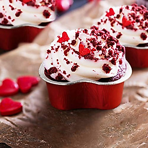 Aluminum Foil Cake Pan Heart Shaped Cupcake Cup with Lids 100 ml/ 3.4 Ounces Disposable Mini Cupcake Cup Flan Baking Cups for Valentine Mother's Day Wedding Xmas Birthday (Red,40 Sets)