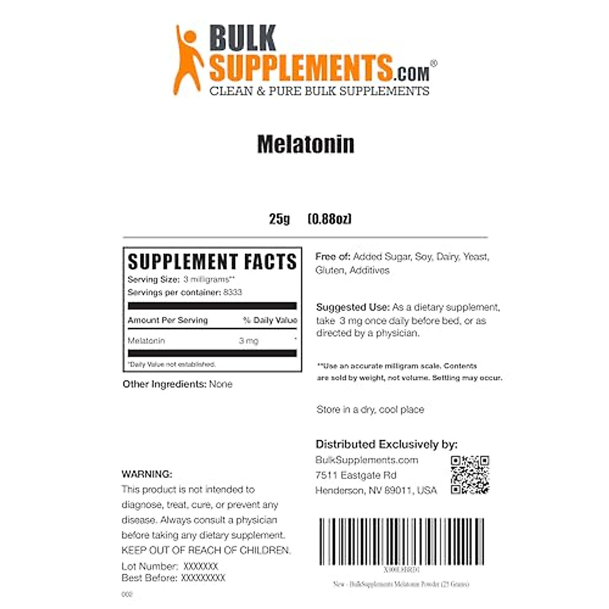 BULKSUPPLEMENTS.COM Melatonin Powder - Melatonin Sleep Supplement, Melatonin for Adults, Melatonin 3 mg - Vegan Melatonin, Pure & Gluten Free, 3mg per Serving, 25g (0.88 oz)
