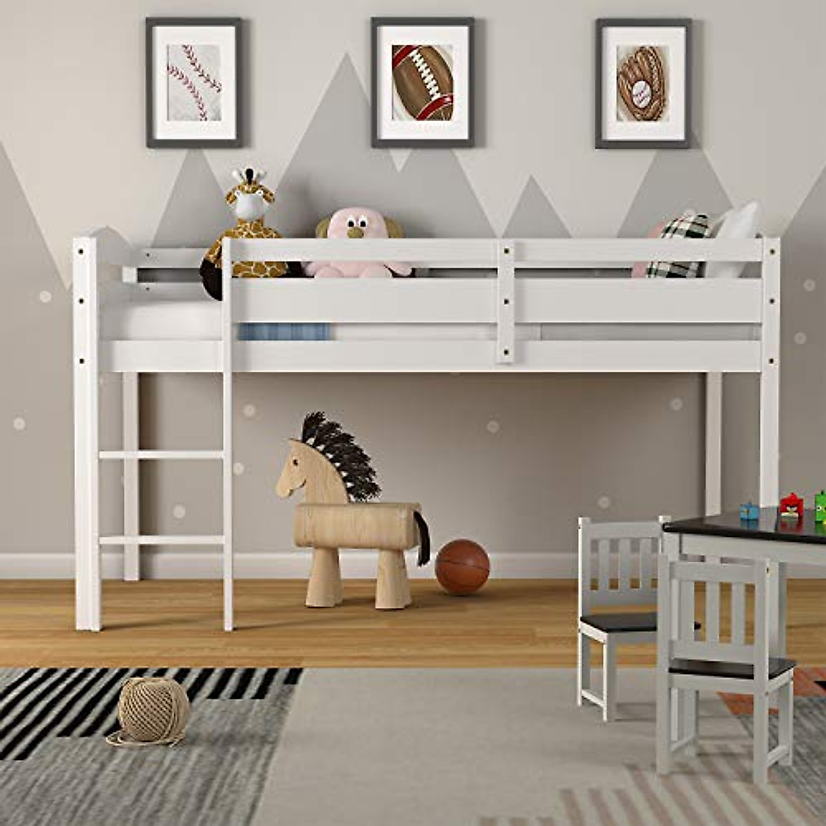 Costzon Twin Loft Bed, Solid Wood Low Loft Bed w/Guard Rail and Ladder, Boys & Girls Twin Bed for Kids Room, No Box Spring Needed, Classic Children Low Loft Bed with Storage for Bedroom, White