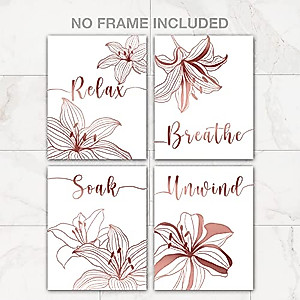 Unframed Relax Soak Unwind Breathe Bathroom Wall Decor - 8x10 inch Abstract Flowers Rose Gold Foil Print Bathroom Decor Wall Art, Set of 4 Flowers Wall Decor Art Prints for Bathroom Washroom Room Home