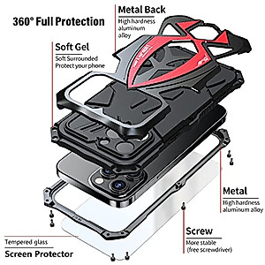 KumWum Armor Phone Case for iPhone 14 Pro Max Military Grade Cover 360 Full Protection Heavy Duty Hybrid Metal Bumper Built-in Silicone Shockproof with Screen Protector - Black + Red