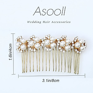 Asooll Gold Wedding Hair Comb Clip Rhinestone Bridal Hair Comb Pieces Pearl Hair Accessories for Brides Wedding