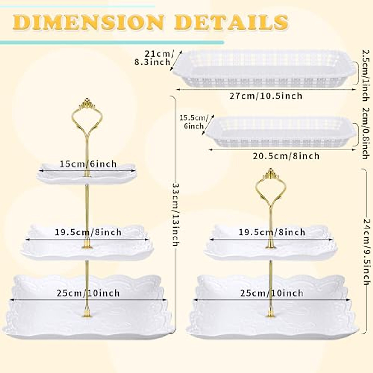 14 Pieces Tiered Cupcake Stand Set Gold 2-Tier 3-Tier Serving Stand Tower Tray with Round Rectangle Food Serving Trays Long Slim Dessert Stand for Party Baby Shower Wedding (White Lace Style)