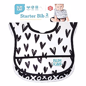 Bumkins Starter Bib, Baby Bib Infant, Waterproof Fabric, Fits Infants and Babies 3-9 Months â€“ Hearts & XOXO (2-Pack)