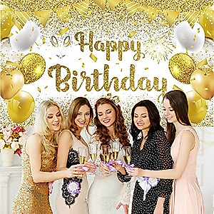 Gold White Birthday Party Decorations Banner, Gold and White Happy Birthday Backdrop Banner, Large Gold White Birthday Banner Photography Background Party Decoration for Women Men Girls 70.8x43.3Inch