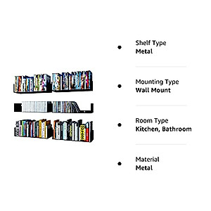 Wallniture Bali Black U Shape Floating Shelves for Wall, CD DVD Storage Shelves and Metal Bookshelf Set of 6