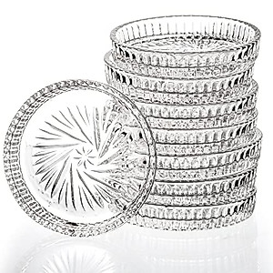 AVLA 8 Pack Crystal Drink Coasters, Glass Round Cup Mat, Clear Decorative Wine Bottle Coasters Barware Set for Table Protection of Home Kitchen, Dining Room, Patio, Coffee Shop, 3.75", Carved Design