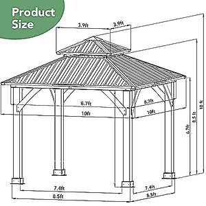 BBQ Gazebo Canopy Patiojoy 10'x10' Outdoor Patio Hardtop Gazebo Double Steel Roof Solid Wood Frame Grill Gazebo Shelter for Patio, Garden