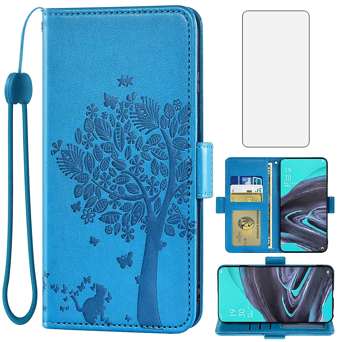 Asuwish Compatible with Oppo Reno 2 Wallet Case and Tempered Glass Screen Protector Flip Purse Accessories Wrist Strap Credit Card Holder Stand Cell Phone Cover for Reno2 2019 Women Men Blue