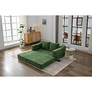 LUMISOL 70" Folding Pull Out Sofa Bed, Convertible Futon Sofa Bed with Removable Armrests & Side Pockets, Portable Foldable Floor Sleeper Sofa Couch with 2 Pillows for Living Room, Green
