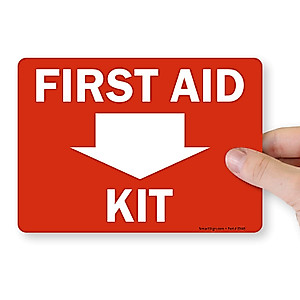 SmartSign (Pack of 4) 5 x7 inch “First Aid Kit” Sticker Labels with Down Arrow, 5 mil Laminated Polyester with SuperStick Adhesive, Red and White
