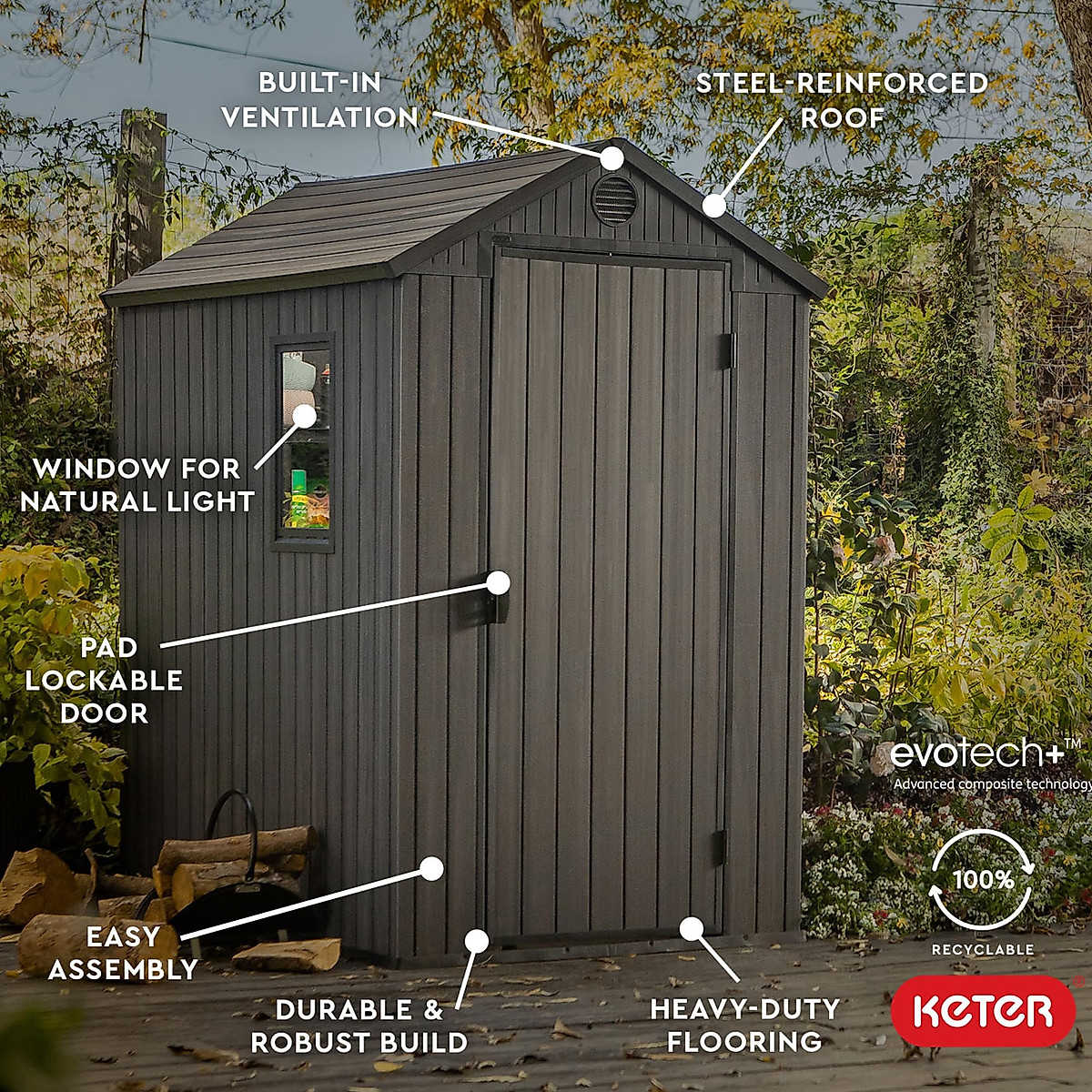 Keter Darwin 4 x 6 Foot Outdoor Garden Tool Storage Shed Backyard Utility Organizer Bundled with 40 Inch Steel Shelving Kit, Graphite Gray