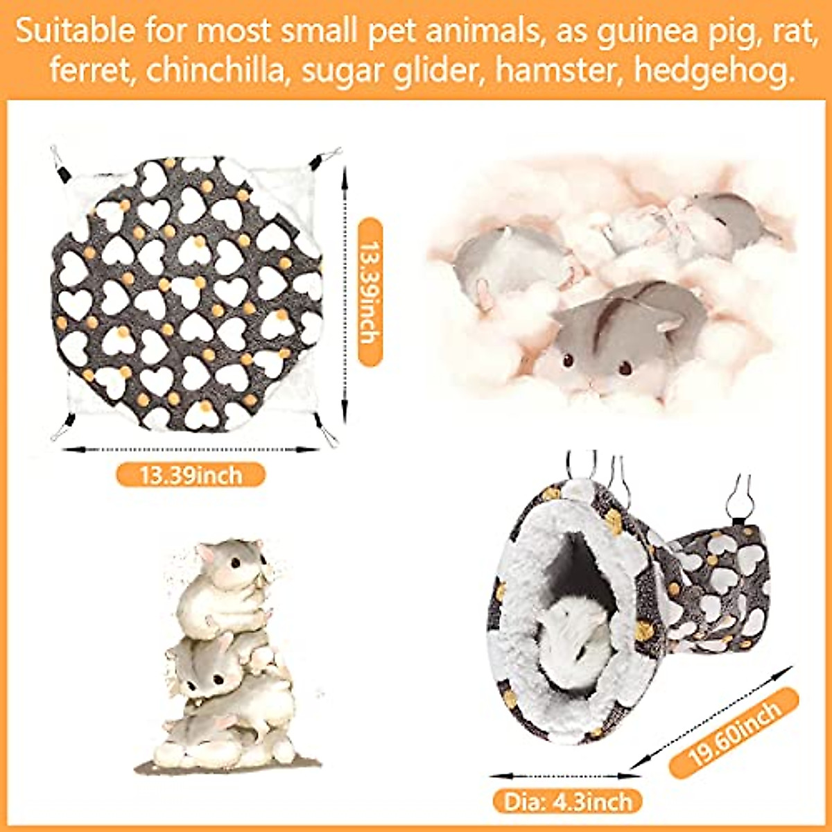 LEFTSTARER Guinea Pig Ferret Rat Hammock Toy Small Animal Cage Accessories Hideout Tunnel & Bunkbed Hammock for Rat Ferret Guinea Pig Hamster Sugar Glider Chinchilla (Heart-Brown)