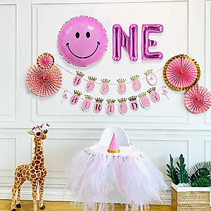 Pink Smile Face Balloons for 1st Birthday Decors| One Happy Dude Foil Balloons, 18" Pack 3| Happy Face Balloons for Smile Face Birthday Party Decorations| Preppy Style Balloons for Bachelorette Party,