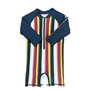 RUGGEDBUTTS Baby/Toddler Boy Swimsuit, One Piece Zipper Rash Guard Sunsuit with UPF 50+ Sun Protection - Sunset Stripe - 12-18m