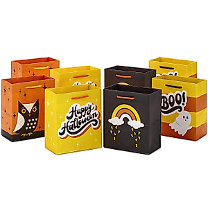 Hallmark Halloween Bag Bundle (8 Small 6" Gift Bags, 4 Designs: Owl, Ghost, Candy Corn Rainbow, "Happy Halloween") for Gift Cards, Classroom Parties, Trick or Treating, Kids Gifts, Fall Party Favors