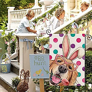 Easter Dog Garden Flag for Outdoor 12x18 Double Sided,Golden Retriever with Flowers Bunny Ears Dots Small Yard Flag,Seasonal Decors for Spring Outside Farmhouse Holiday