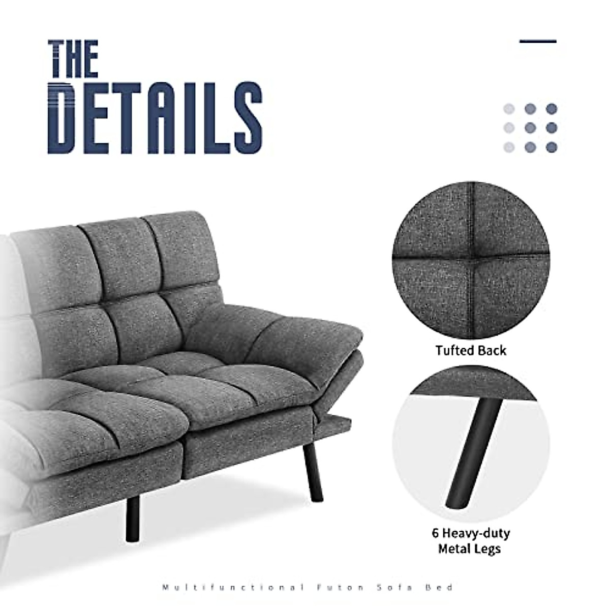 IULULU Sofa Bed, Modern Convertible Futon Sleeper Couch Daybed with Adjustable Armrests for Studio, Apartment, Office, Small Space, Compact Living Room, Grey