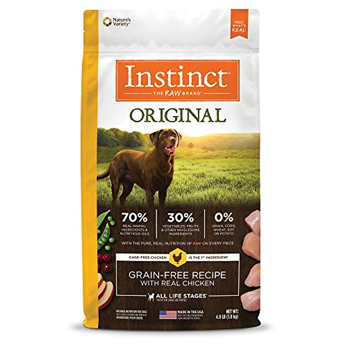 Instinct Dog Food, Grain Free Dog Food Dry, High Protein, Raw Coated Dog Food, Dog Kibble, Original Real Chicken, 4 lb. Bag