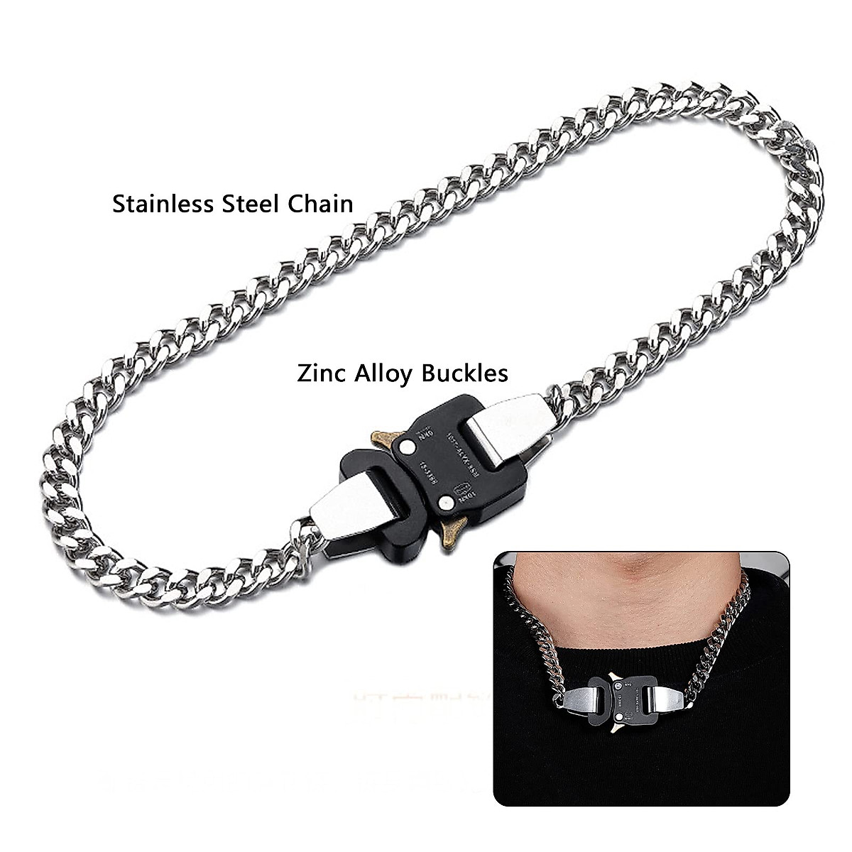 SU LIFE 20" Stainless Steel Chain Necklace Cuban Link and Side Release Buckle Necklace for Hip Hop Men Women