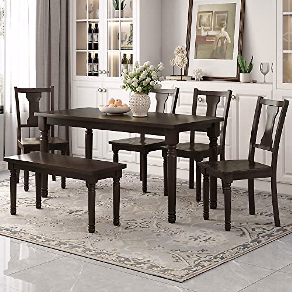Lepfun 6 Piece Set, Wooden Rectangular Table with 4 Chairs and 1 Bench for Kitchen Dining Room, Home Furniture (Espresso)