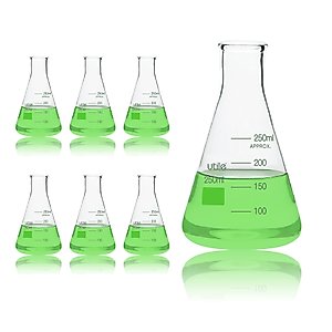 Utile Glass Erlenmeyer Flask Set, 250ml Narrow Mouth Erlenmeyer Flasks, 6pcs of Borosilicate 3.3 Glass Conical Flasks for Laboratory with Printed Graduation, 4016.0250.6
