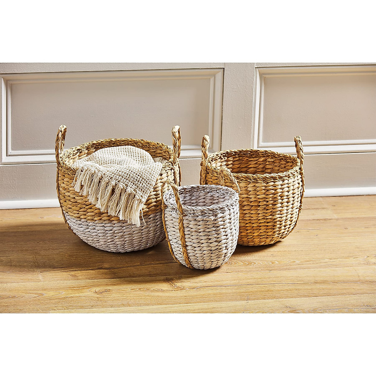 Mud Pie Seagrass Basket Set, White, 13 1/2" x 13" dia