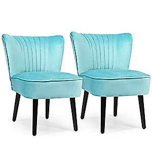 Giantex Set of 2 Velvet Accent Chair, Upholstered Modern Leisure Club Chairs w/Solid Wood Legs, Thick Sponge Seat, Adjustable Foot Pads, Armless Wingback Chairs for Bedroom Living Room (2, Turquoise)