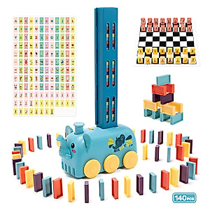 O WOWZON 3 in 1 Automatic Domino Train Toy-140 PCS Building and Stacking Electric Running Toys Light & Sound Trains, Colorful Fun Stickers and Chess Game,Storage Bag,Gift for Boys Girls kids