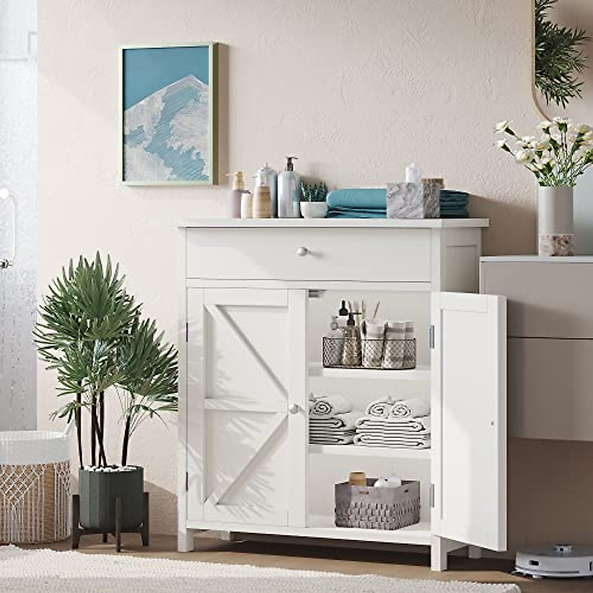 Irontar Bathroom Cabinet, Freestanding Bathroom Storage Cabinet with Drawer and Adjustable Shelf, Kitchen Cupboard, Floor Cabinet for Bathroom, Home Office, Entryway, White CWG008W