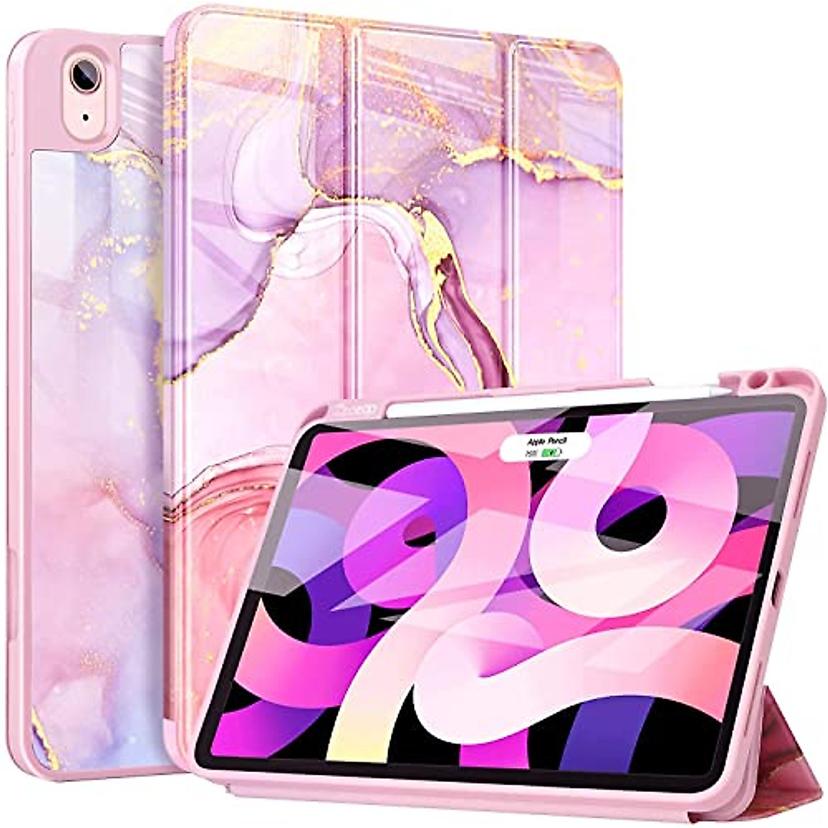 ZtotopCases for iPad Air 6th Generation 11 Inch Case M2 2024 & iPad Air 5th/4th Gen 10.9 Inch 2022/2020 & iPad Pro 11" 2018 1st with Pencil Holder, Soft TPU Back Slim Trifold Smart Cover, Marble Pink