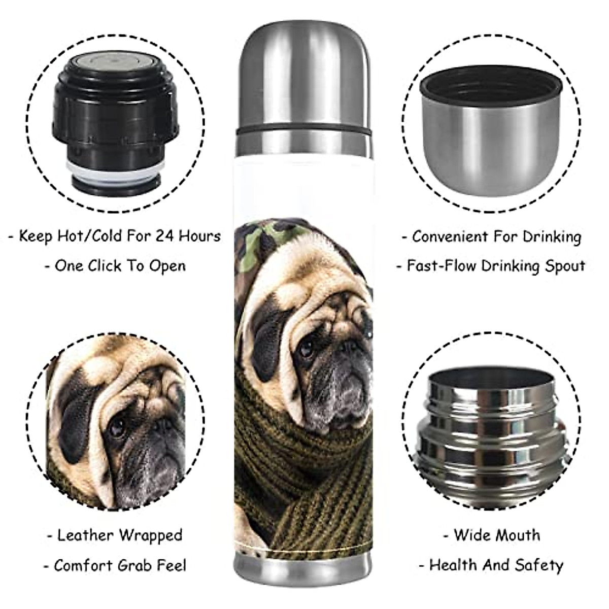 Cute Pug Stainless Steel Coffee Thermos, Double Walled Insulated Water Bottle for Outdoor Sports, Office, Car (17 OZ/500ML)